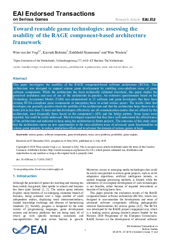 (PDF) Toward reusable game technologies: assessing the usability of the ...