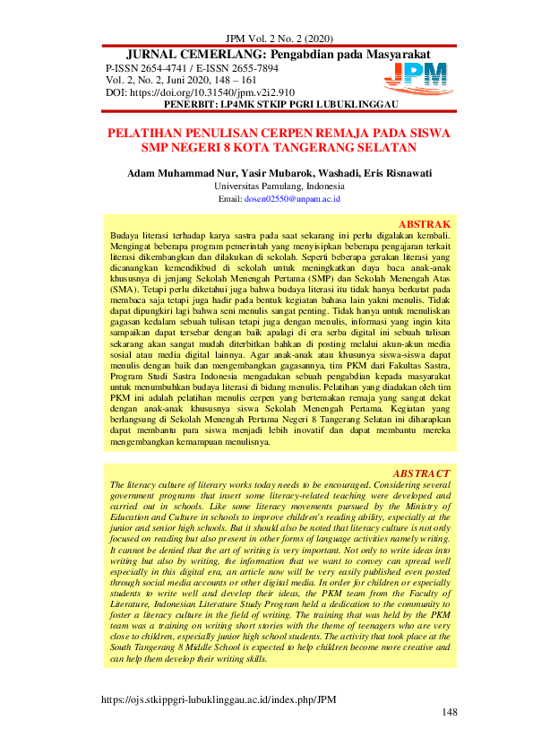 (PDF) Pelatihan Penulisan Cerpen Remaja Pada Siswa SMP Negeri 8 Kota ...
