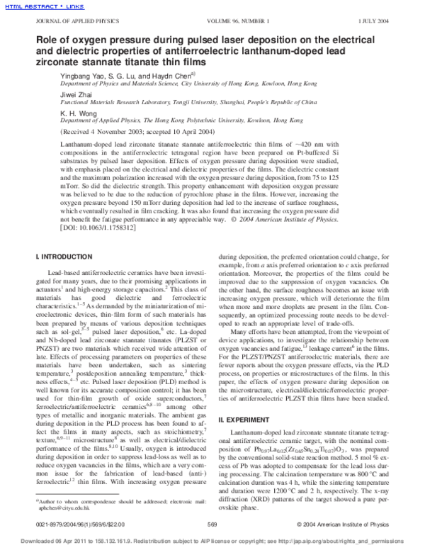 (PDF) Role of oxygen pressure during pulsed laser deposition on the ...