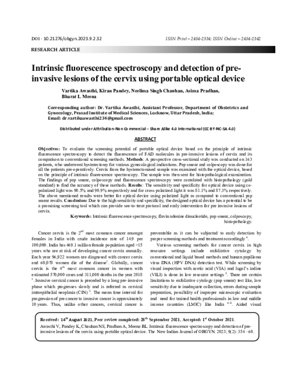(PDF) Fluorescence Spectroscopy for Detecting Cervical Lesions