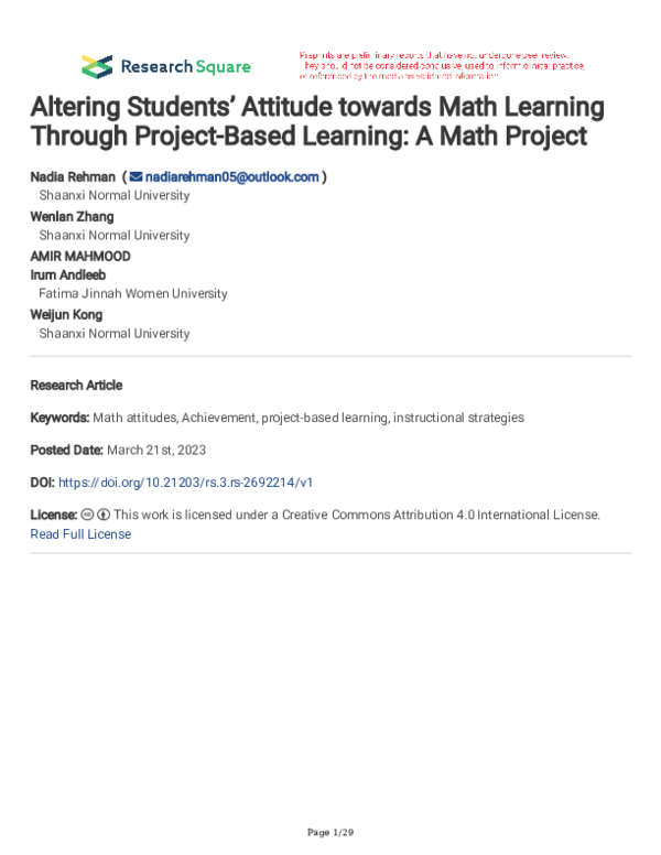 (PDF) Altering Students’ Attitude towards Math Learning Through Project ...