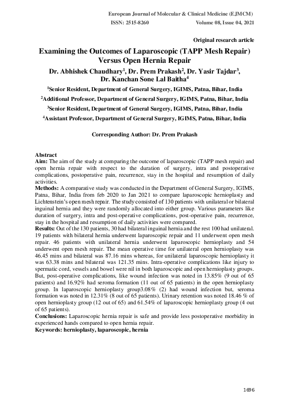 Pdf Examining The Outcomes Of Laparoscopic Tapp Mesh Repair Versus