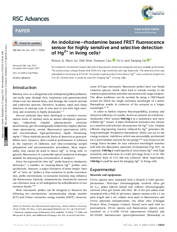 (PDF) An indolizine–rhodamine based FRET fluorescence sensor for highly sensitive and selective ...