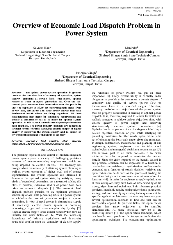 (PDF) Overview of Economic Load Dispatch Problem in Power System