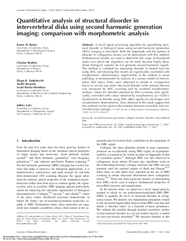 (PDF) Quantitative analysis of structural disorder in intervertebral disks using second harmonic ...
