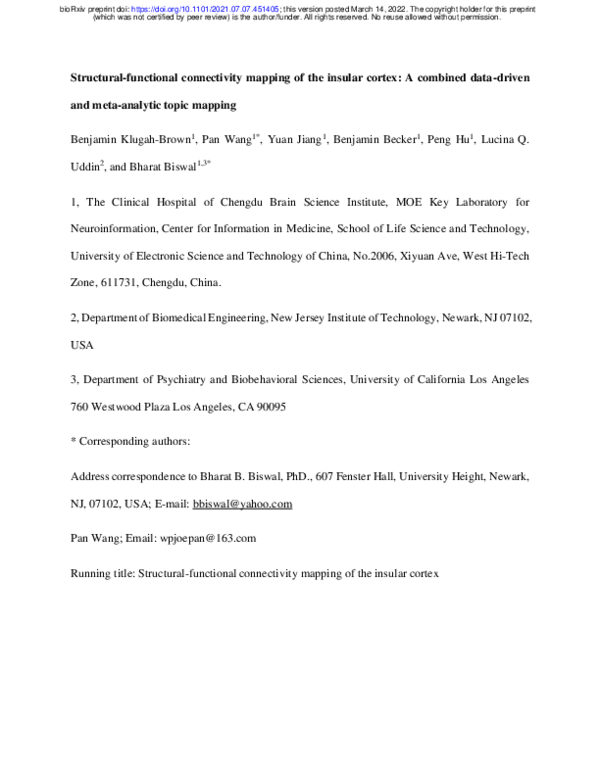 Pdf Structuralfunctional Connectivity Mapping Of The Insular Cortex A Combined Data Driven