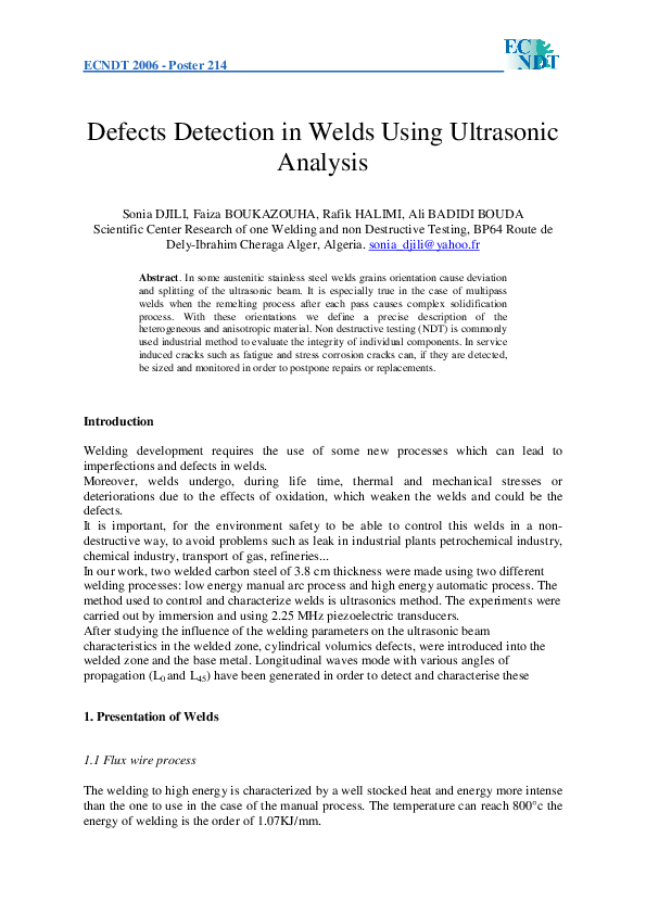 (PDF) Defects Detection in Welds Using Ultrasonic Analysis