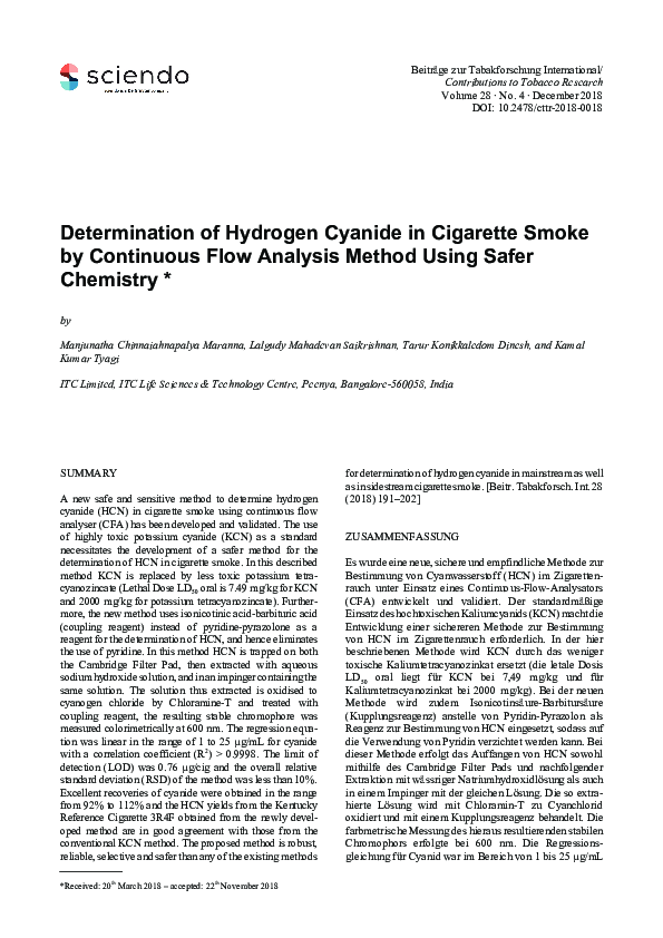 (PDF) Determination of Hydrogen Cyanide in Cigarette Smoke by Continuous Flow Analysis Method ...