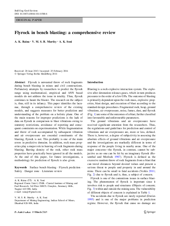 (PDF) Flyrock in bench blasting: a comprehensive review