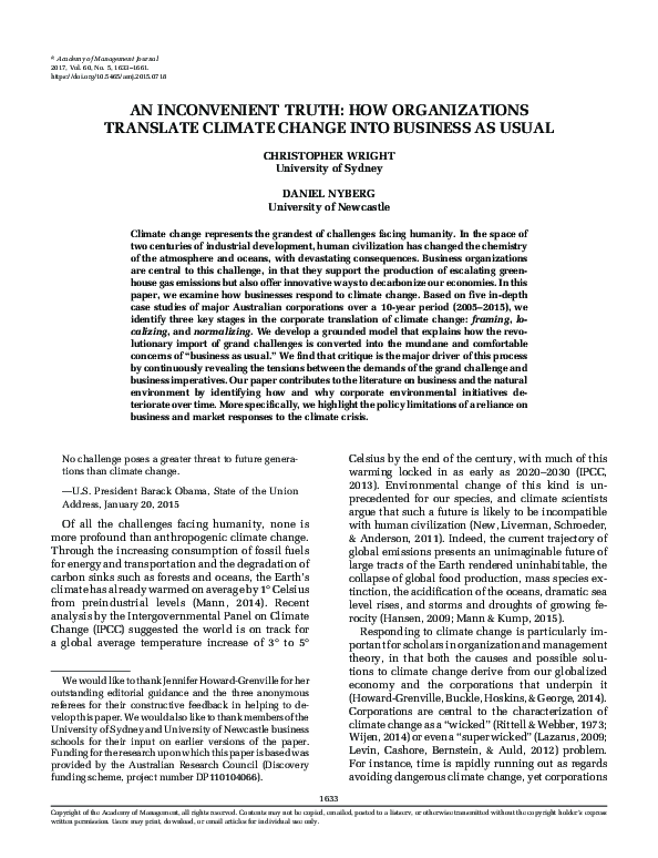 (PDF) An Inconvenient Truth: How Organizations Translate Climate Change ...