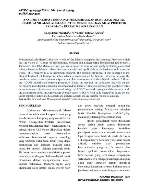 (PDF) Analisis Validasi Terhadap Pengembangan Buku Ajar Digital Disertai Nilai-Nilai Islam Untuk ...