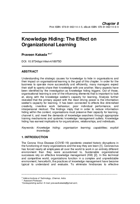 (PDF) Knowledge Hiding: The Effect on Organizational Learning