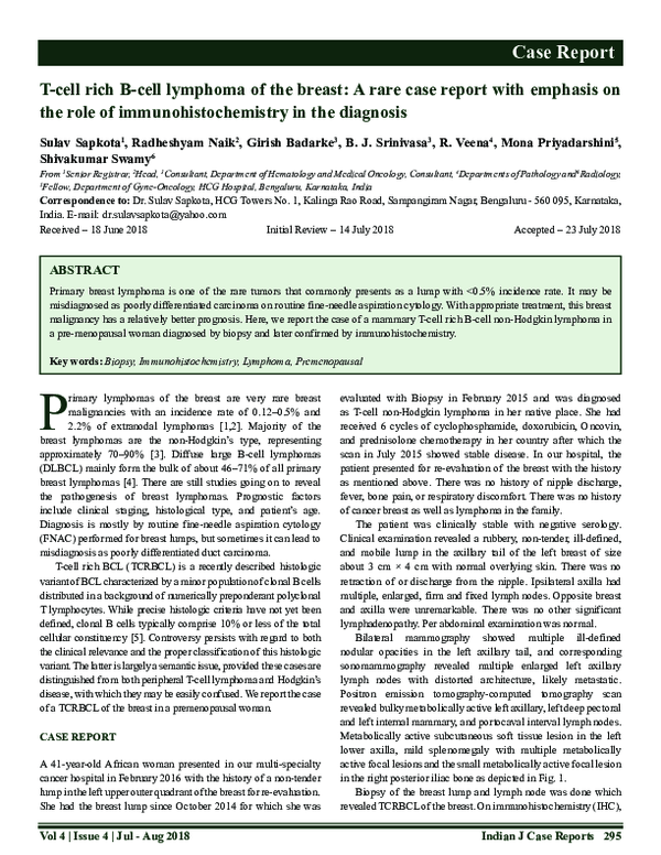 (PDF) T-Cell Rich B-Cell Lymphoma of the Breast: A Rare Case Report with Emphasis on the Role of ...