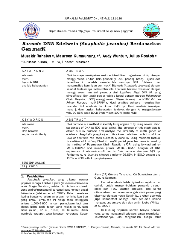 (PDF) Barcode DNA Edelweis (Anaphalis javanica) Berdasarkan Gen matK