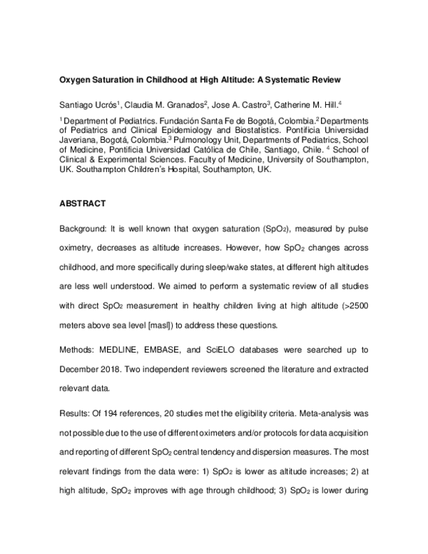 (PDF) Oxygen Saturation in Childhood at High Altitude: A Systematic Review