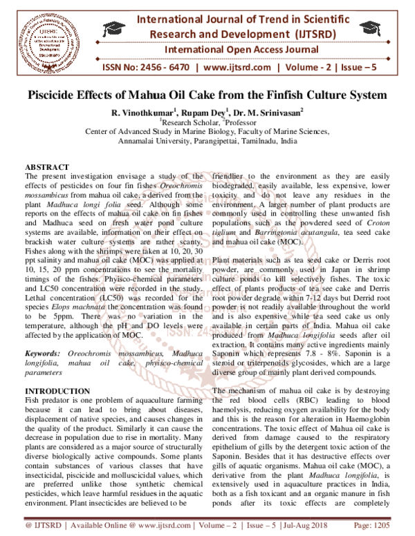 (PDF) Piscicide Effects of Mahua Oil Cake from the Finfish Culture System