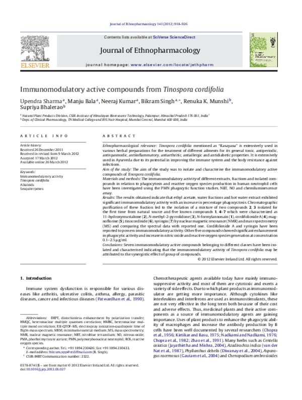 (PDF) Immunomodulatory active compounds from Tinospora cordifolia