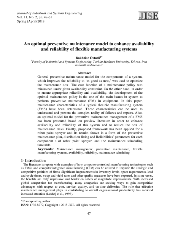 (PDF) An optimal preventive maintenance model to enhance availability and reliability of ...