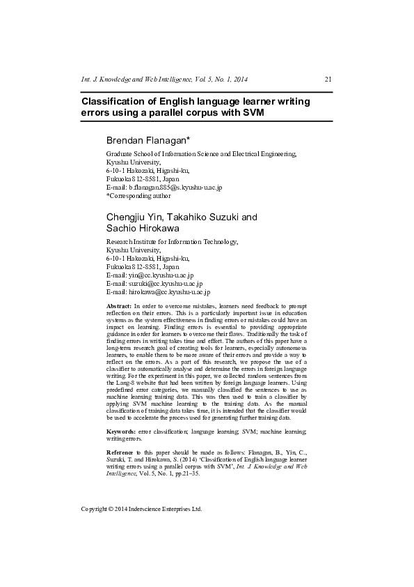 Pdf Classification Of English Language Learner Writing Errors Using A Parallel Corpus With Svm