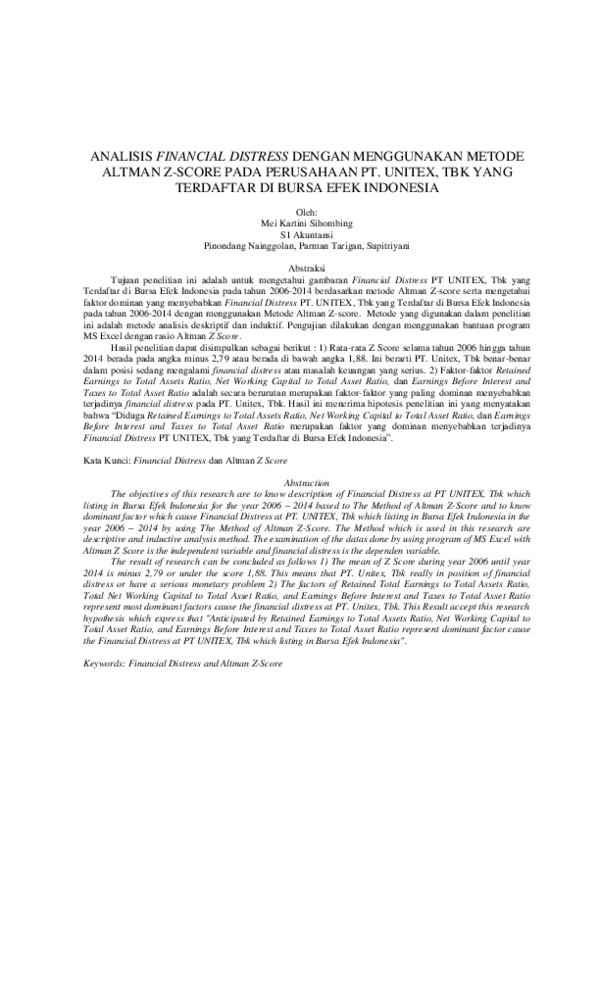 (PDF) Analisis Financial Distress Dengan Menggunakan Metode Altman Z-Score Pada Perusahaan Pt ...