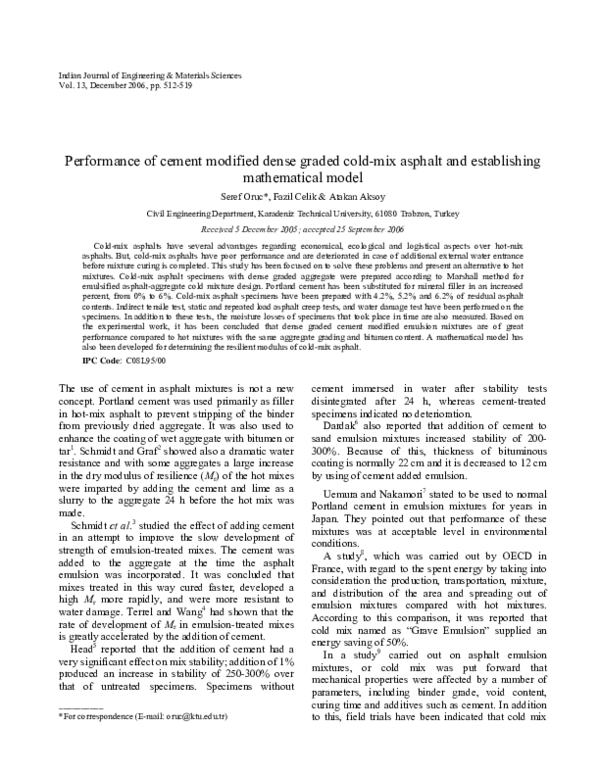 (PDF) Performance of cement modified dense graded cold-mix asphalt and ...