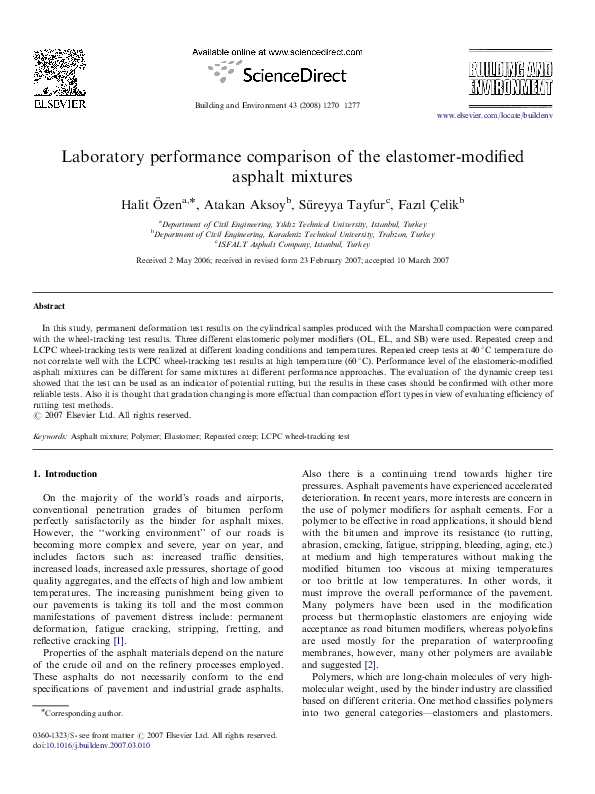 Pdf Laboratory Performance Comparison Of The Elastomer Modified Asphalt Mixtures