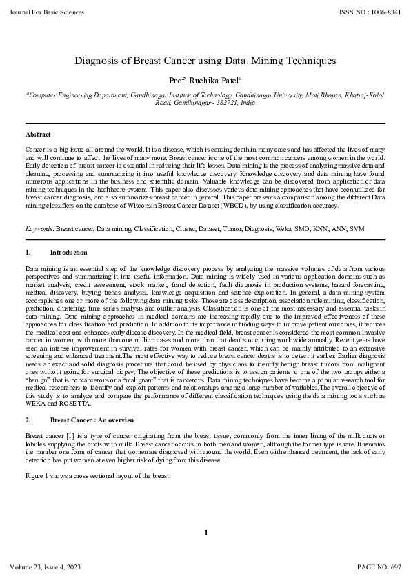 Pdf Diagnosis Of Breast Cancer Using Data Mining Techniques Ruchika Patel