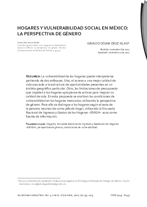 (PDF) Hogares y vulnerabilidad social en México: la perspectiva de género