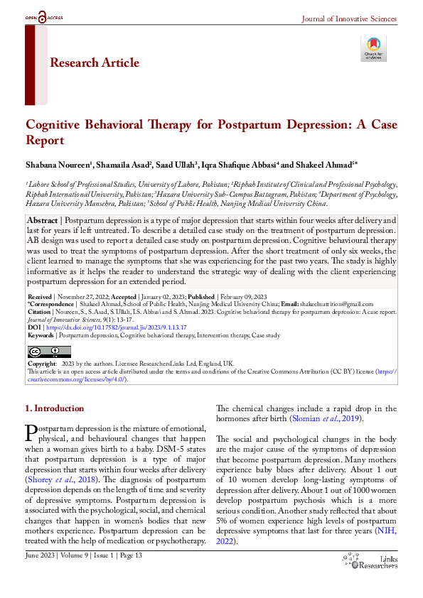 (PDF) Cognitive Behavioral Therapy for Postpartum Depression: A Case Report