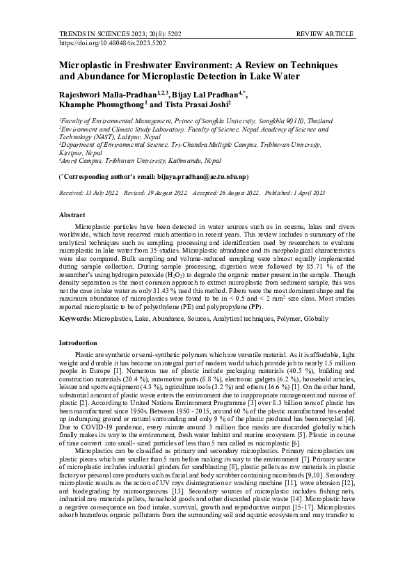 Pdf Microplastic In Freshwater Environment A Review On Techniques