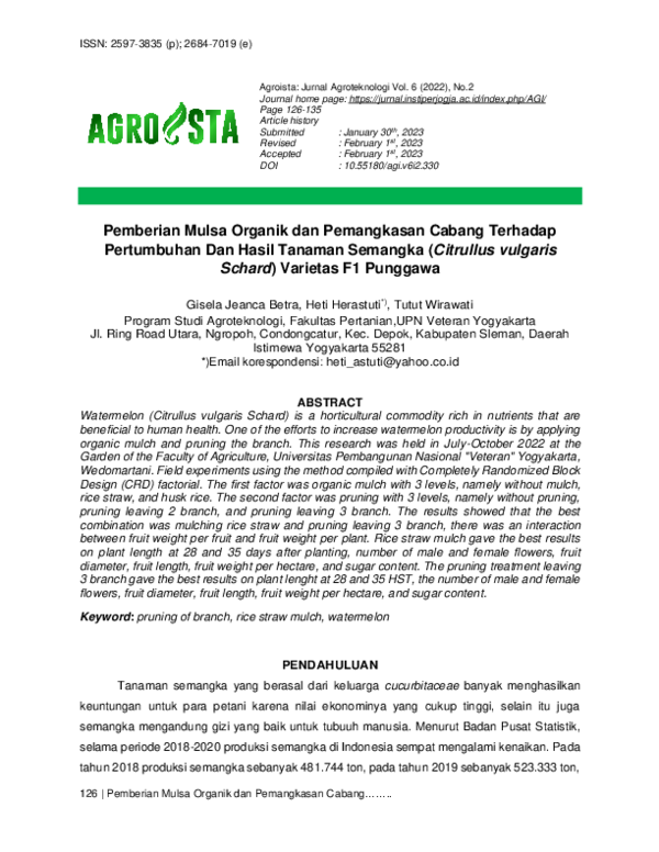 (PDF) Pemberian Mulsa Organik dan Pemangkasan Cabang Terhadap Pertumbuhan Dan Hasil Tanaman ...