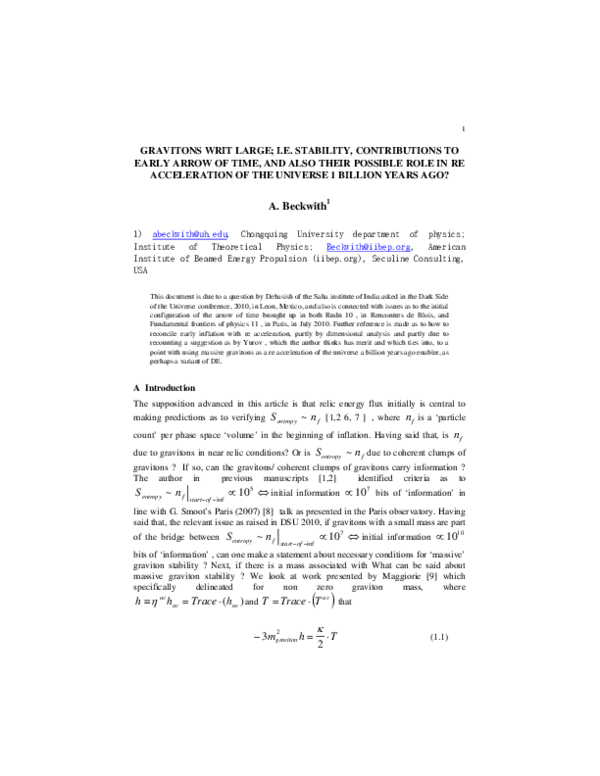 (PDF) Gravitons Writ Large; I.E. Stability, Contributions to Early ...