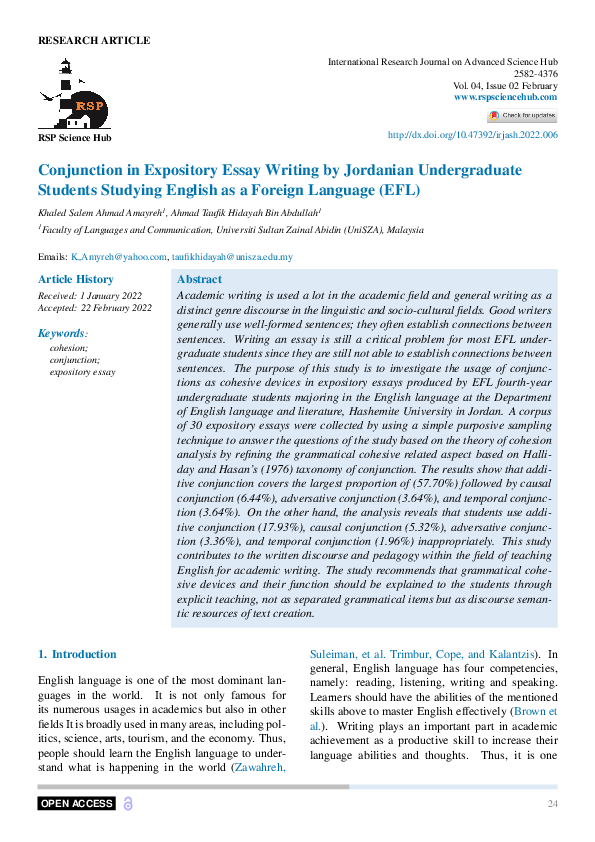 (PDF) Conjunction in Expository Essay Writing by Jordanian Undergraduate Students Studying ...