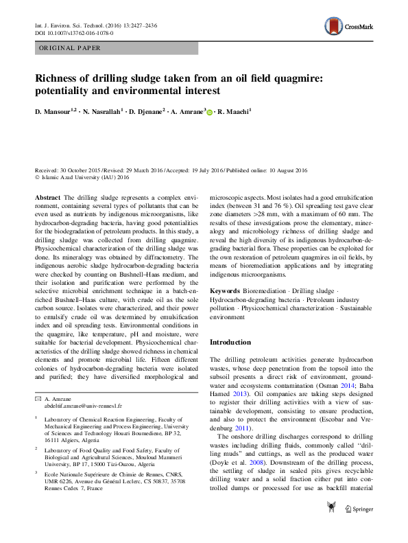 (PDF) Richness of drilling sludge taken from an oil field quagmire ...