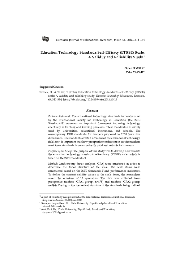 (PDF) Education Technology Standards Self-Efficacy (ETSSE) Scale: A Validity and Reliability Study