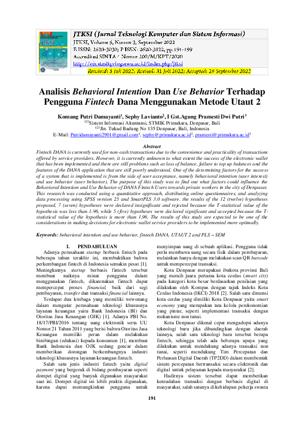 (PDF) Analisis Behavioral Intention Dan Use Behavior Terhadap Pengguna Fintech Dana Menggunakan ...