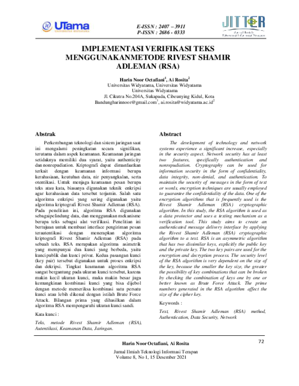 (PDF) Implementasi Verifikasi Teks Menggunakan Metode Rivest Shamir Adleman (Rsa)