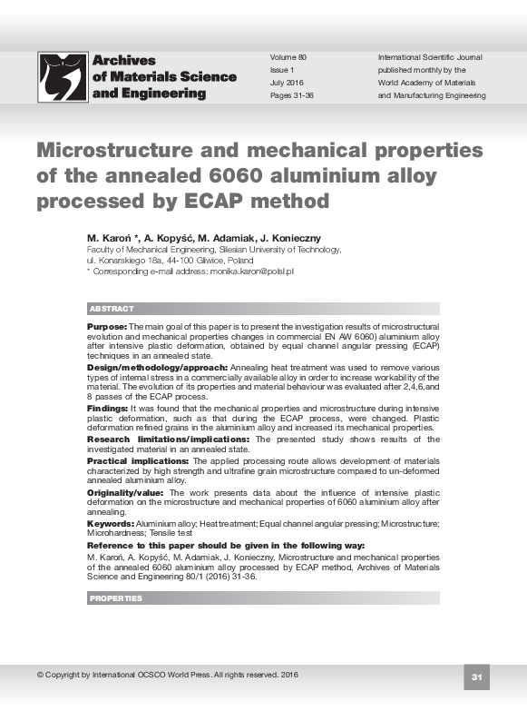 (PDF) Microstructure and mechanical properties of the annealed 6060 aluminium alloy processed by ...