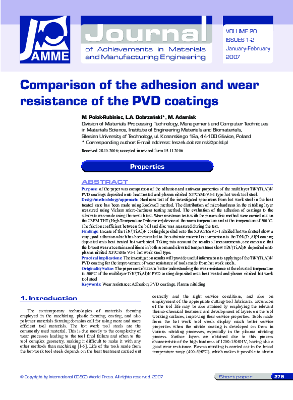 (PDF) Comparison of the adhesion and wear resistance of the PVD coatings