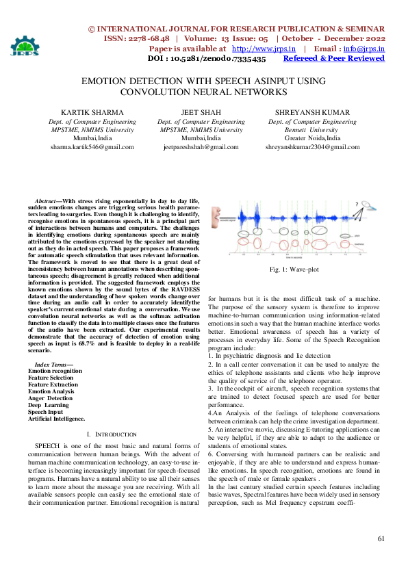 Pdf Emotion Detection With Speech As Input Using Convolution Neural Networks
