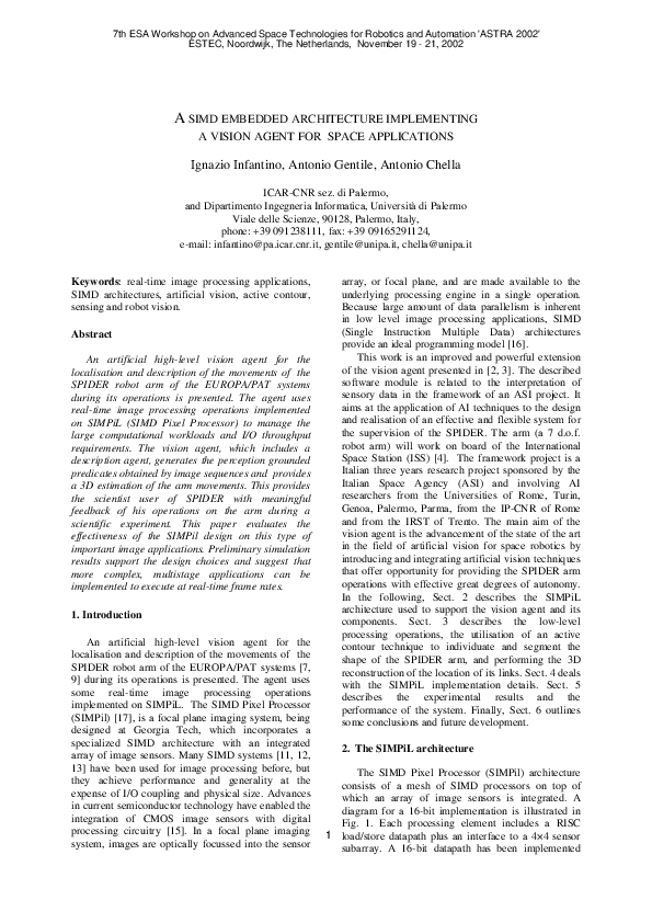 Pdf A Simd Embedded Architecture Implementing A Vision Agent For Space Applications