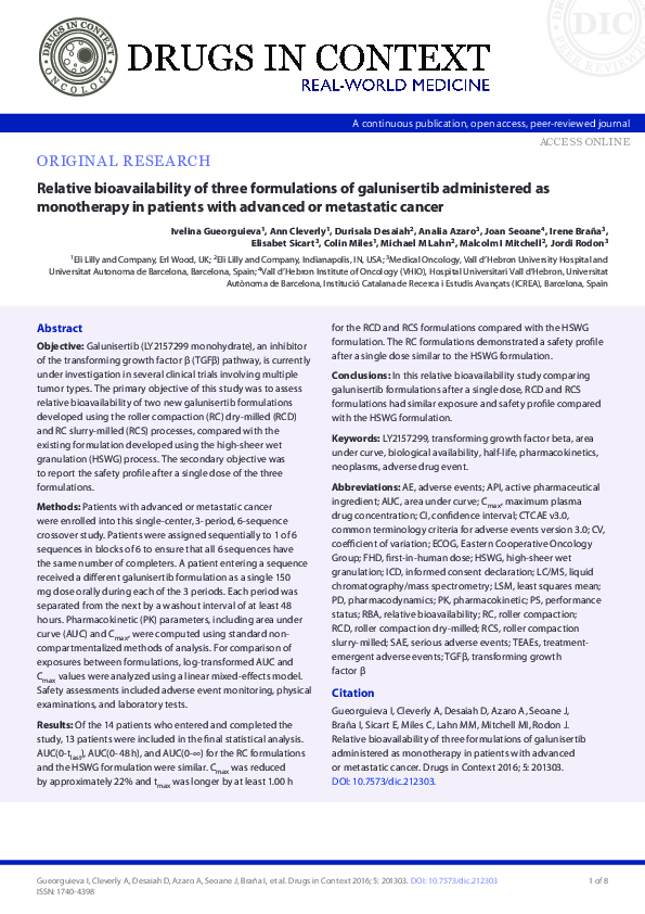 (PDF) Relative bioavailability of three formulations of galunisertib ...
