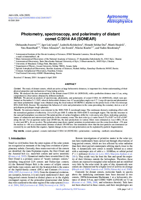 (PDF) Photometry, spectroscopy, and polarimetry of distant comet C/2014 ...