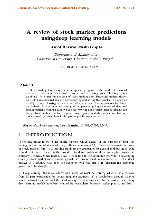 (PDF) A review of stock market predictions using deep learning models