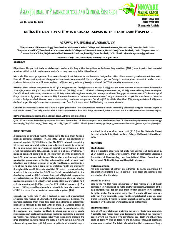 (PDF) DRUGS UTILIZATION STUDY IN NEONATAL SEPSIS IN TERTIARY CARE HOSPITAL