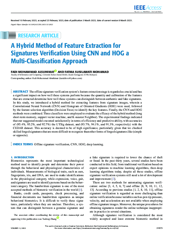 (PDF) A Hybrid Method of Feature Extraction for Signatures Verification Using CNN and HOG a ...