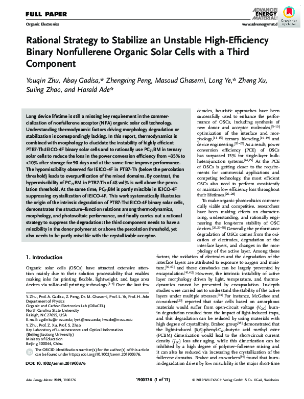 (PDF) Rational Strategy to Stabilize an Unstable High‐Efficiency Binary Nonfullerene Organic ...