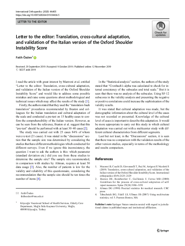 Pdf Italian Cross Cultural Adaptation And Validation Of The Oxford Shoulder Score