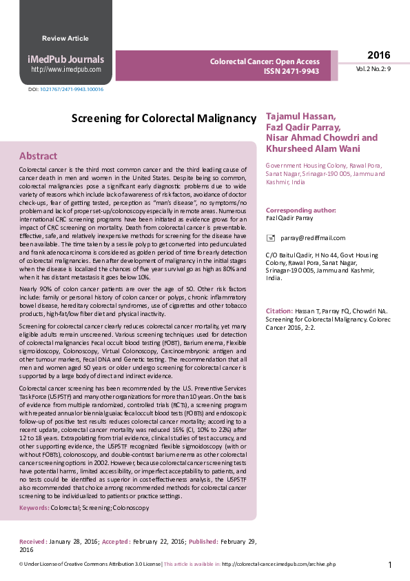 (PDF) Screening for Colorectal Malignancy
