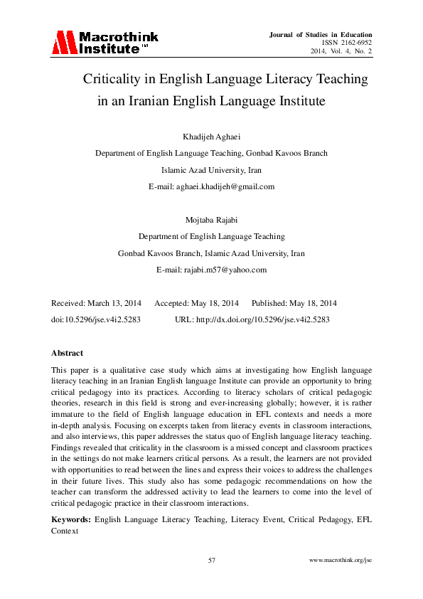Criticality in English Language Literacy Teaching in an Iranian English ... Criticality in English Language Literacy Teaching in an Iranian English ...
